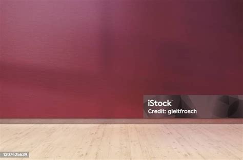 버건디 붉은 질감의 벽과 빈 방에 밝은 나무 바닥으로 제품을 표시합니다 3d 일러스트레이션 0명에 대한 스톡 사진 및 기타
