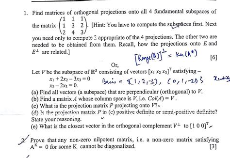 Solved Find Matrices Of Orthogonal Projections Onto All 4