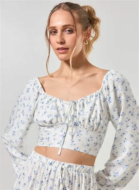 Cropped Manga Longa Flores Azuis Estampado Pp