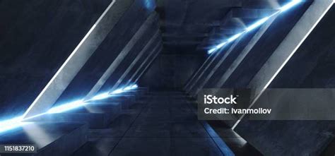 공상 과학 소설 반사 콘크리트 그런 지 타일 복도 터널 입구 3d 렌더링에서 우아한 활기찬 파란색 레이저 형광 튜브 모양의 빛을 점등 네온 0명에 대한 스톡 사진 및 기타