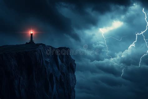 Glowing Rescue Light Atop A Cliff Edge Shines Through Dark Storm Clouds