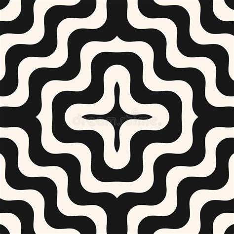Black And White Geometric Seamless Pattern With Concentric Wavy Lines Stripes Stock Vector