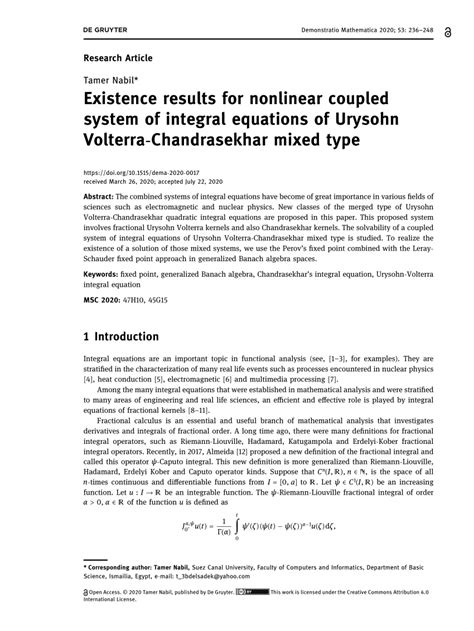 Pdf Existence Results For Nonlinear Coupled System Of Integral Equations Of Urysohn Volterra