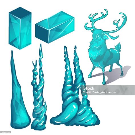 얼음 및 사슴 및 추상 모양 흰색 배경에 고립의 형태로 제품의 큐브 집합입니다 아이스 크리스마스 훈장의 제작의 단계입니다 벡터