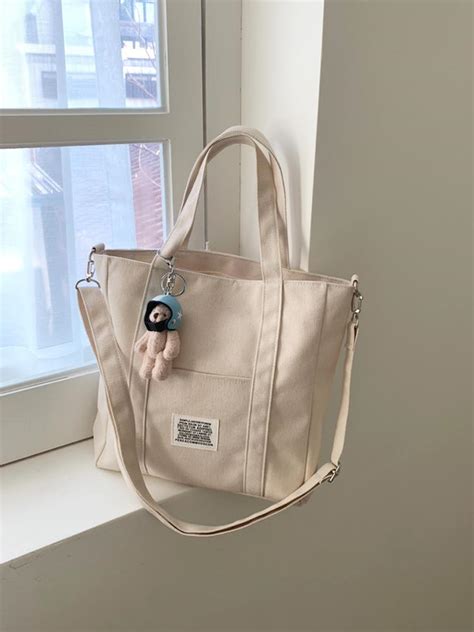 국내 캔버스 라벨 포켓 에코 토트백 스퀘어 투웨이 숄더 가방