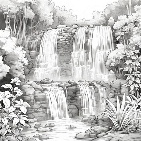 Premium AI Image A Drawing Of A Waterfall In A Forest With Rocks And Trees Generative Ai