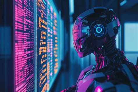 Futuristic Robot Analyzing Data On A Digital Screen Premium Ai Generated Image