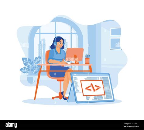 Young Woman Wearing Headphones While Working From Home Developing Software On Computers