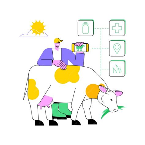 가축의 건강을 모니터링하는 고립된 만화 터 일러스트레이션 스마트 폰을 가진 농부 Iot 드론과 Ai 터 만화와 같은 기술을 사용하여 농장을 관리하는 소 건강 모니터