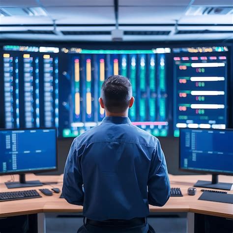 Technologist Analyzing Server Performance On A Massive Data Center Dashboard Premium Ai