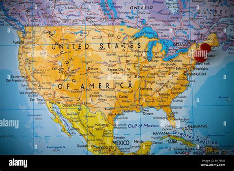 Small Pin Pointing On New York In Map Of United States Of America Stock
