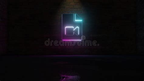 3d Rendering Of Blue Violet Neon Symbol Of File Video Icon On Brick Wall Stock Illustration