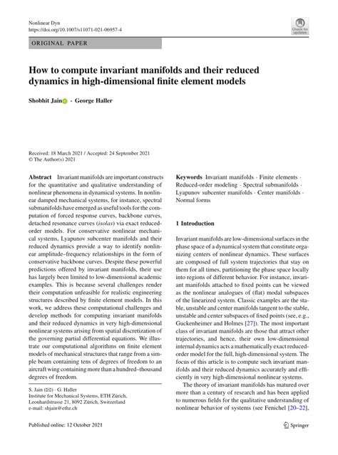 Pdf How To Compute Invariant Manifolds And Their Reduced Dynamics In High Dimensional Finite