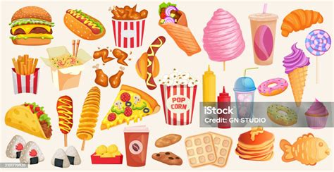 다양한 패스트 푸드 세트 샌드위치 튀긴 감자 피자 타코 부리 토 솜사탕 핫도그 햄버거 케이크 아이스크림 컬렉션 흰색 배경에 고립되어 있습니다 벡터 일러스트 레이 션 소다에