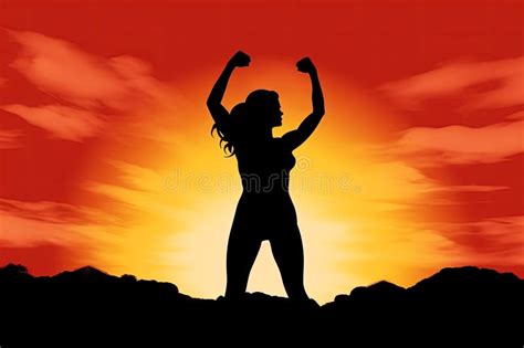 Strong Successful Empowered Woman Silhouette Raising Arms Into Sunrise