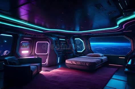 3d Rendered Rgb Neon Colored Bedroom In Space With A Glass Window And