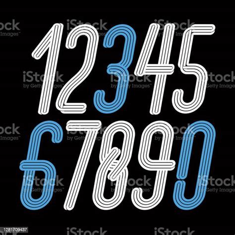 벡터 키가 큰 우아한 펑키 숫자 세트는 0에서 9까지 평행 줄무늬로 만들어졌으며 카니발 발표를위한 로고 타입 디자인에 사용하기에 가장 좋습니다 0명에 대한 스톡 벡터 아트