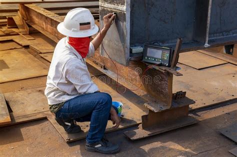 Inspectors Are Checking Defect In Welded With Process Ultrasonic Testing Ut Stock Image Image