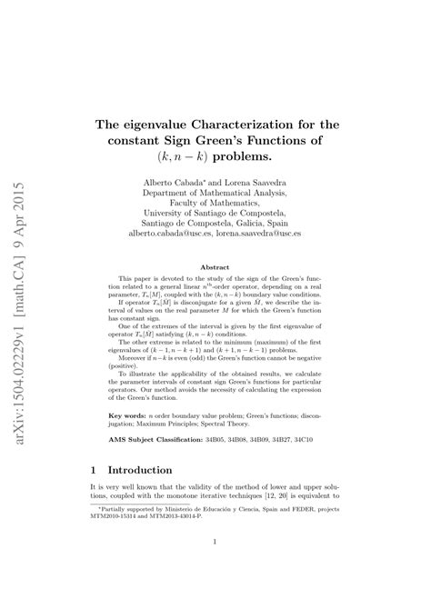 Pdf The Eigenvalue Characterization For The Constant Sign Greens Functions Of Kn K Problems