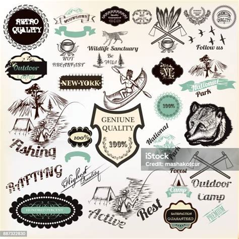 세트마다 야외 캠핑 및 마운틴 타이포그래피 라벨 디자인 낚시에 대한 스톡 벡터 아트 및 기타 이미지 낚시 사냥 국립공원