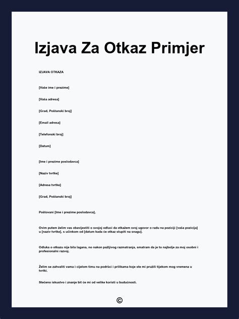 Izjava Za Otkaz Primjer