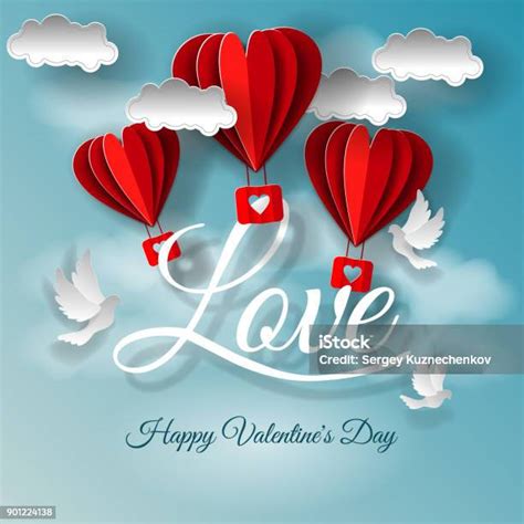 발렌타인의 날 그림입니다 종이 구름 비둘기 및 심 혼의 형태로 풍선 큰 비 사랑 하 고 행복 한 발렌타인의 날 2월에 대한 스톡 벡터 아트 및 기타 이미지 Istock