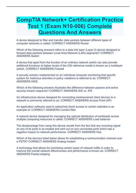 Comptia Network Certification Practice Test 1 Exam N10 006 Complete Questions And Answers