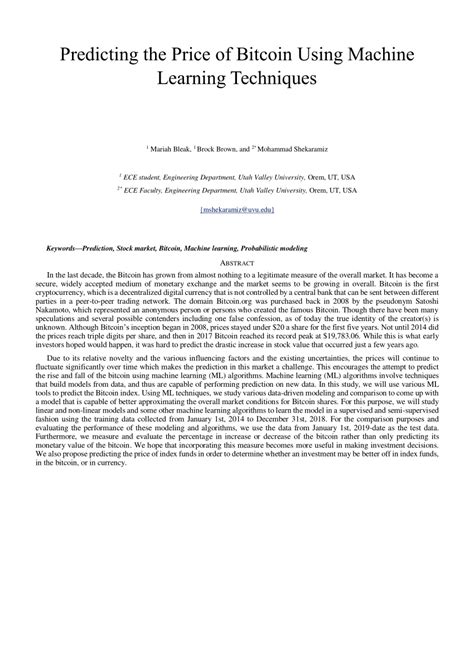 Pdf Predicting The Price Of Bitcoin Using Machine Learning Techniques