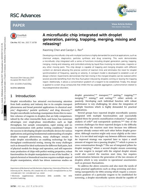 Pdf A Microfluidic Chip Integrated With Droplet Generation Pairing