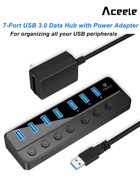 7 Port Usb 30 Hub Aceele 30 Powered Usb Adapter Usb Extender Usb