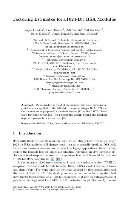 Pdf Factoring Estimates For A 1024 Bit Rsa Modulus
