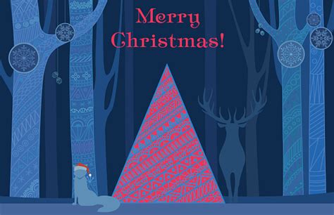 크리스마스 트리 신비한 숲에서 사슴 및 크리스마스 트리와 함께 메리 크리스마스와 행복 한 새 해 카드입니다 아름 다운 장식 색상 트리 라인 패턴 0명에 대한 스톡 벡터 아트