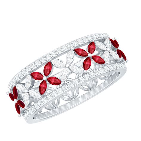 Lab Created Ruby Floral Band With Moissanite For Women 1 25 Ct Aaaa Grade 14k White Gold Us