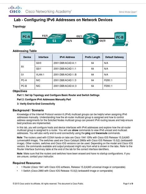 7 2 5 4 Lab Configuring Ipv6 Addresses On Network Devices I Pv6