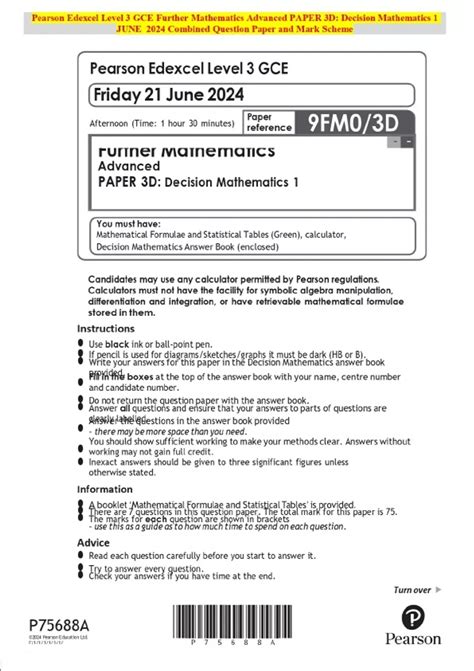 Pearson Edexcel Level GCE Further Mathematics Advanced PAPER D Decision Mathematics JUNE
