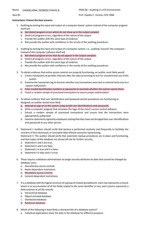 Quiz 3 Auditing In CIS Environment Name PRAE 08 Auditing In A CIS Environment Quiz 3 Prof