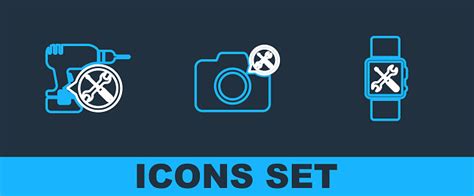 라인 Smartwatch 서비스 드릴 머신 및 사진 카메라 아이콘을 설정합니다 벡터 건설 기계류에 대한 스톡 벡터 아트 및 기타 이미지 건설 기계류 건설 산업 기계