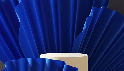 프리미엄 포디움 추상적 미니멀 한 인테리어 장면 블루 배경 전시회 제품 프레젠테이션 3d 렌더링을 위한 모형 기하학적 요소 오브젝트 실린더의 구성 건설 플랫폼에 대한 스톡