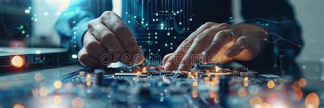 hands of an engineer assembling electronic components on a circuit