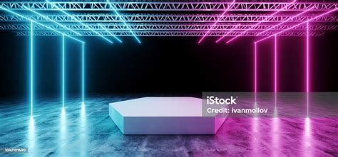 어두운 현대 공상 과학 미래 네온 빛나는 파란색과 보라색 빛 튜브 백색 클럽 무대 빈 공간과 검정색 배경 3d 렌더링 3차원 형태에 대한 스톡 사진 및 기타 이미지 Istock
