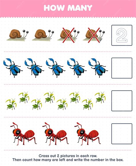 어린이를 위한 교육 게임은 귀여운 만화 달팽이 딱정벌레 사마귀 개미의 수를 세고 상자에 인쇄 가능한 버그 워크시트에 숫자를 씁니다 프리미엄 벡터