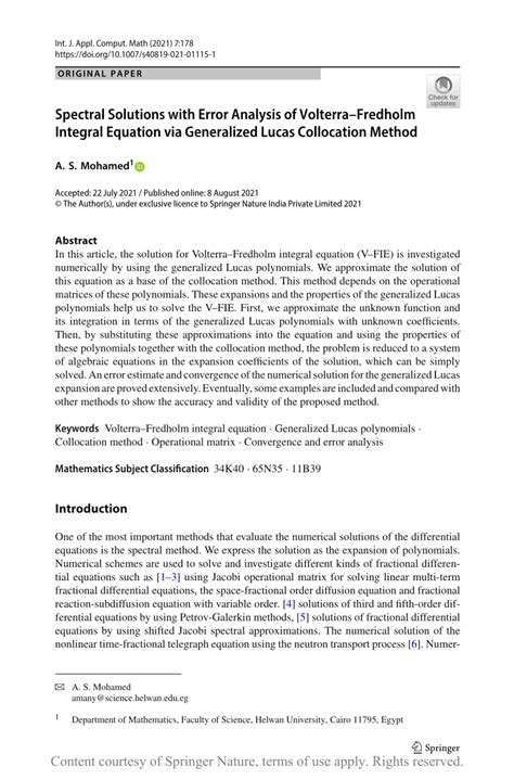 Spectral Solutions With Error Analysis Of Volterrafredholm Integral