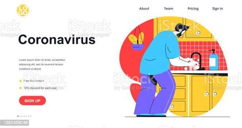 코로나바이러스 예방 웹 배너 개념 남자는 집에서 비누로 손을 낭비합니다 바이러스 확산 방문 페이지 템플릿의 예방 및 예방 플랫 디자인의 인물 장면과 벡터 일러스트레이션