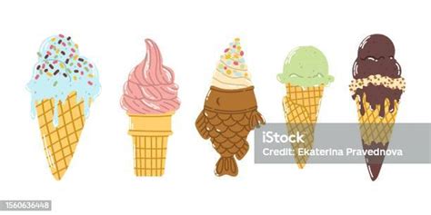 흰색 배경에 분리된 플랫 벡터 스타일로 뿌려진 와플 콘에 다양한 다채로운 아이스크림을 설정합니다 Washoku에 대한 스톡 벡터 아트 및 기타 이미지 Istock