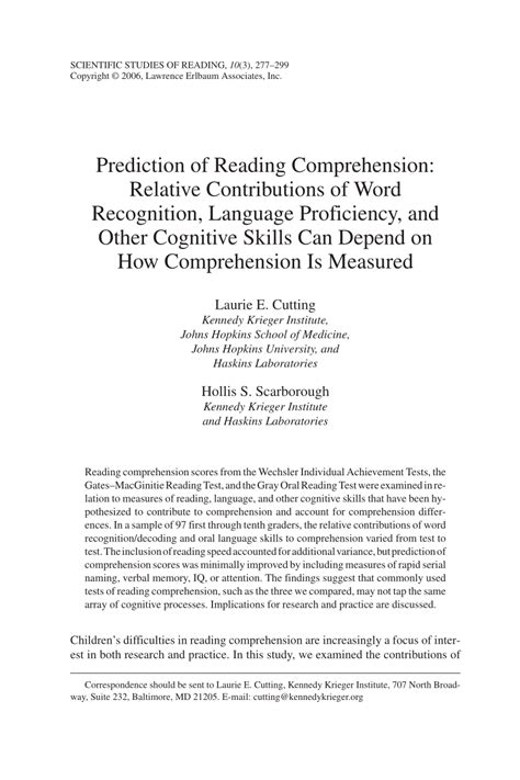 Pdf Prediction Of Reading Comprehension Relative Contributions Of Word Recognition Language
