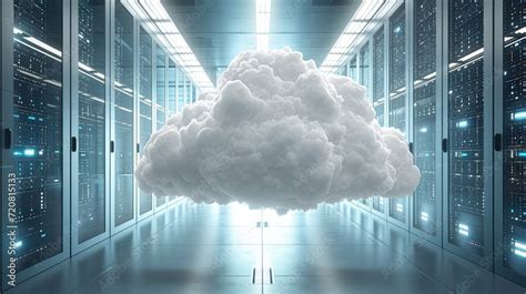 Cloud Computing With A Massive Real Cloud Floating In Data Center Server Room Highlighting The