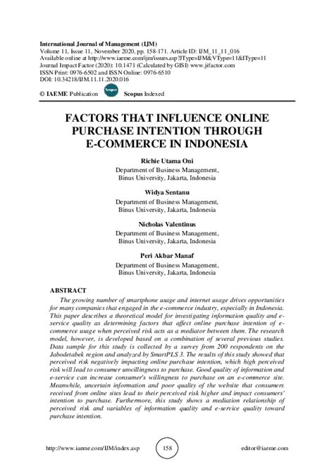 Pdf Factors That Influence Online Purchase Intention Through E Commerce In Indonesiaq