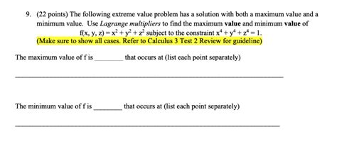Solved 9 22 Points The Following Extreme Value Problem Chegg Com