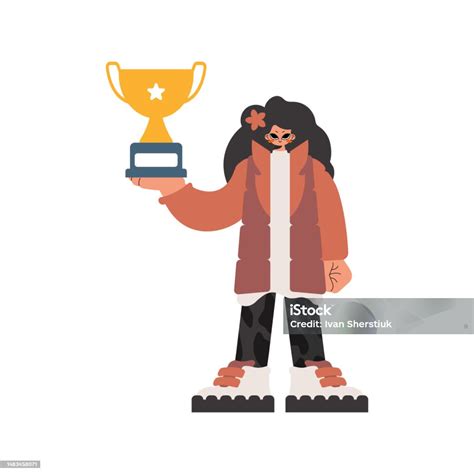 활력이 넘치는 여인은 하얀 기초 위에 보관 된 승자의 유리를 손에 들고 있습니다 트렌디한 스타일 벡터 일러스트레이션 3차원