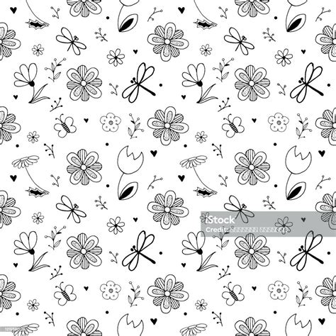 봄 낙서 스타일 패턴입니다 원활한 벡터 배경 투명 한 배경에 봄 자연 테마에 간단한 검은 개체와 기호입니다 손으로 그린 일러스트레이션 0명에 대한 스톡 벡터 아트 및 기타